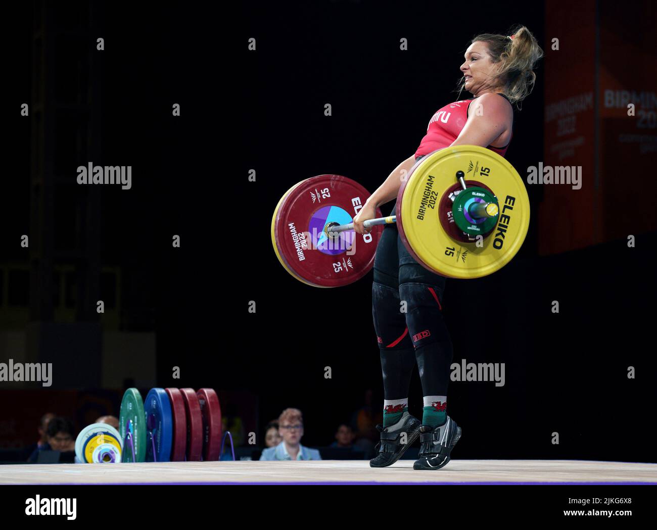Wales' Amy Salt reacts to her lift during the Women's 76kg ...