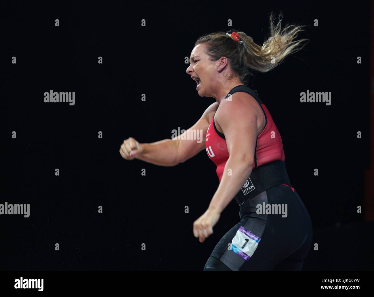 Wales' Amy Salt reacts to her lift during the Women's 76kg ...