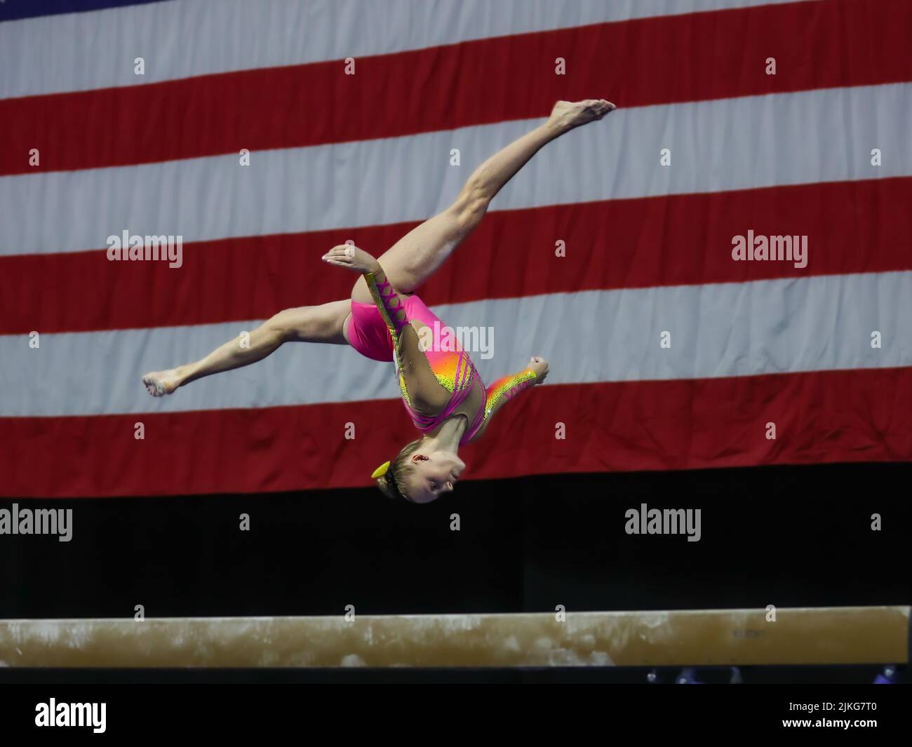 July 30, 2022: Marissa Neal of GAGE does a flip on the balance beam ...