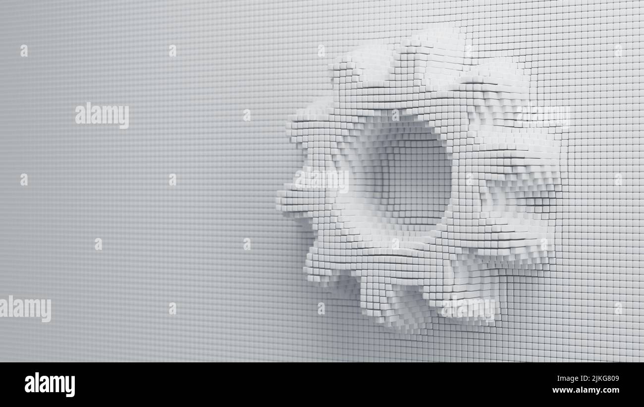 White pin art wall with extruded cogwheel. Concept of process in ...