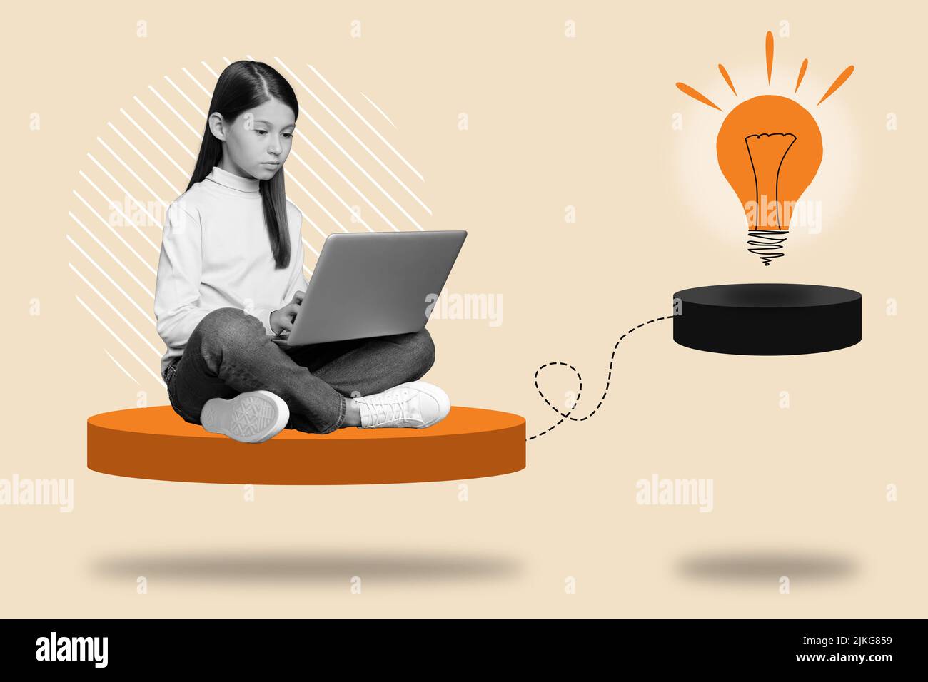 Composite collage of intelligent smart girl black white colors sitting ...