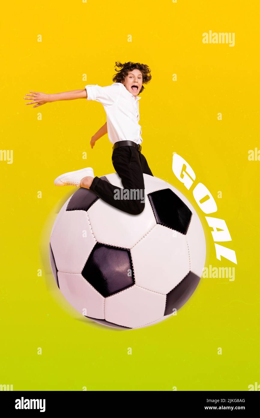Vertical collage image of overjoyed funky small boy sit huge football ...