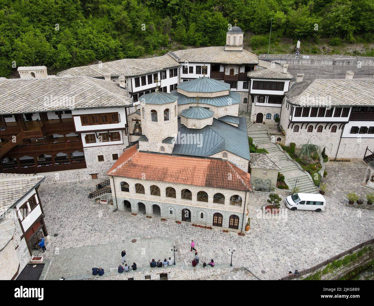 Drone view of St John the Baptist Bigorski monastery on Macedonia Stock ...