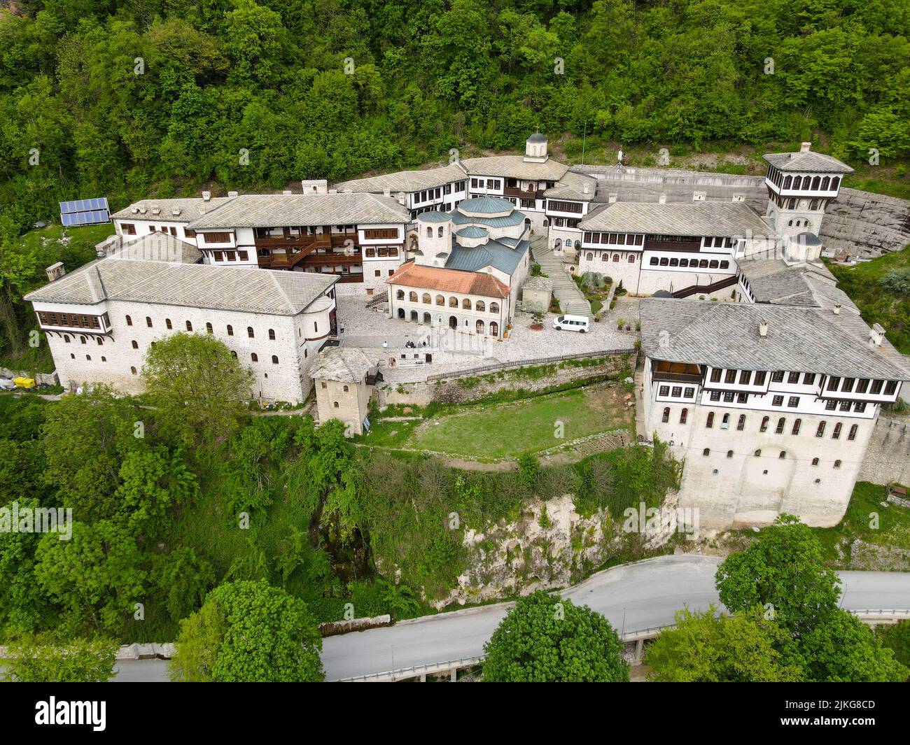 Drone view of St John the Baptist Bigorski monastery on Macedonia Stock ...