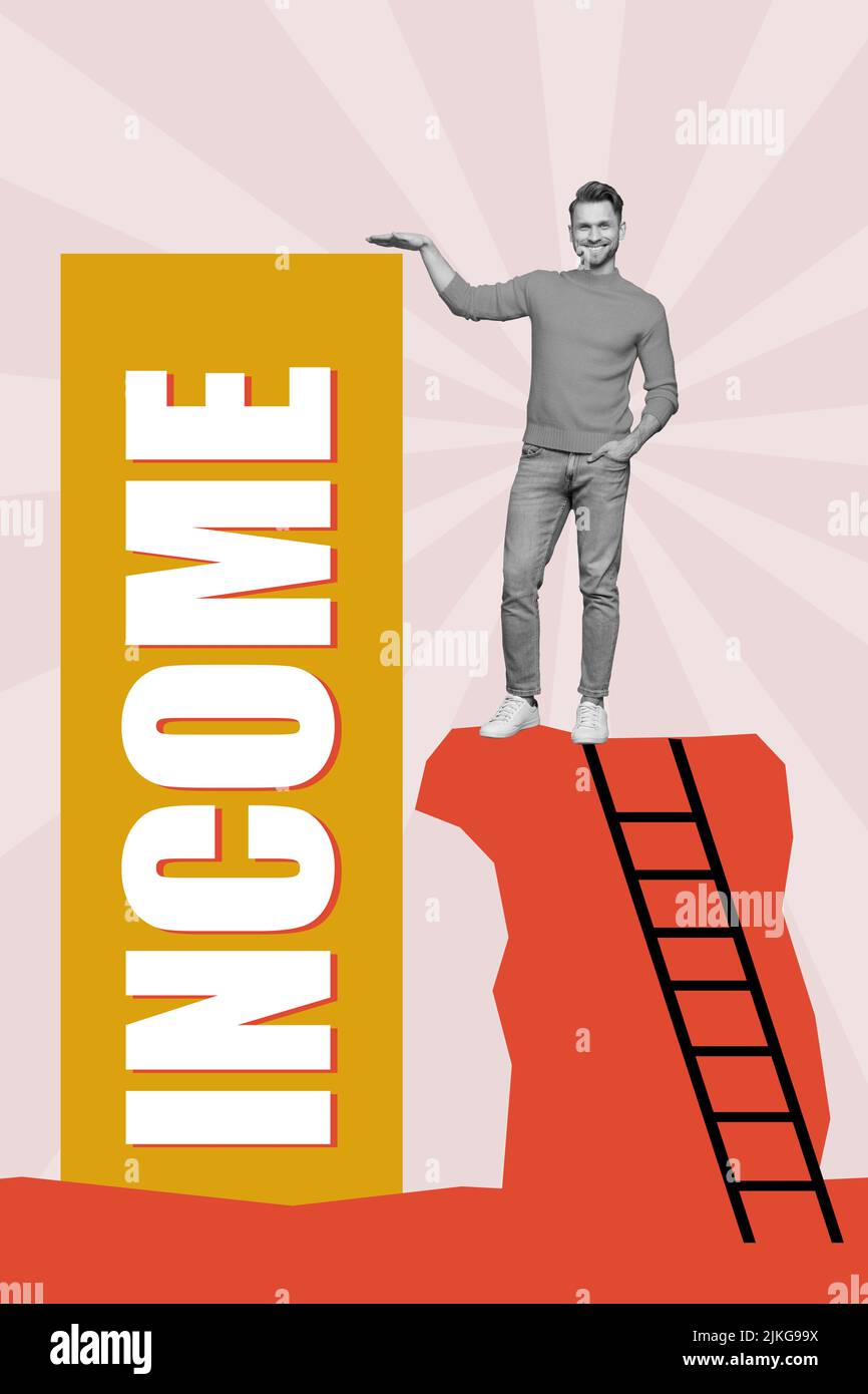 Vertical collage image of positive successful guy black white effect ...