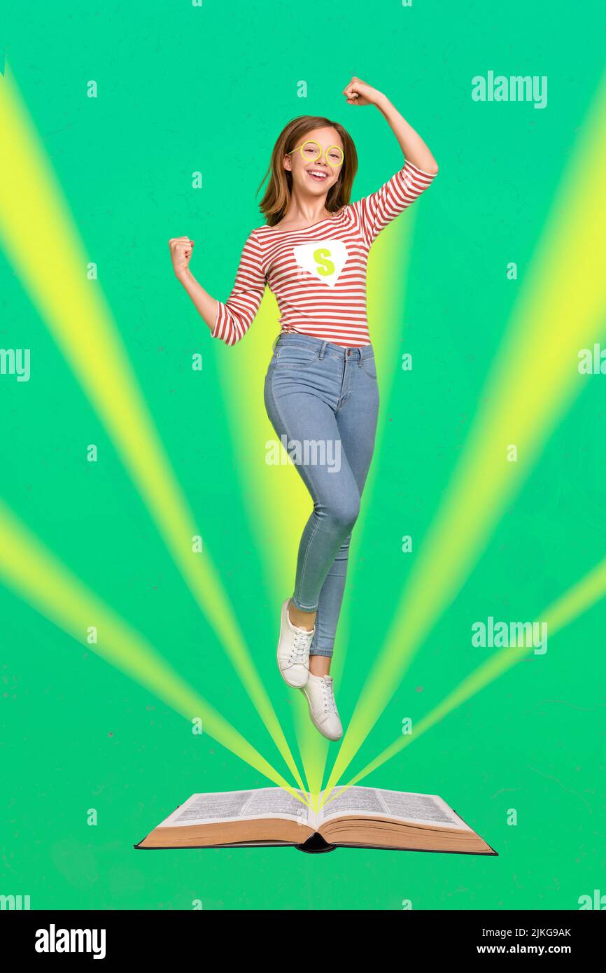 Vertical collage picture of delighted positive girl raise fists ...