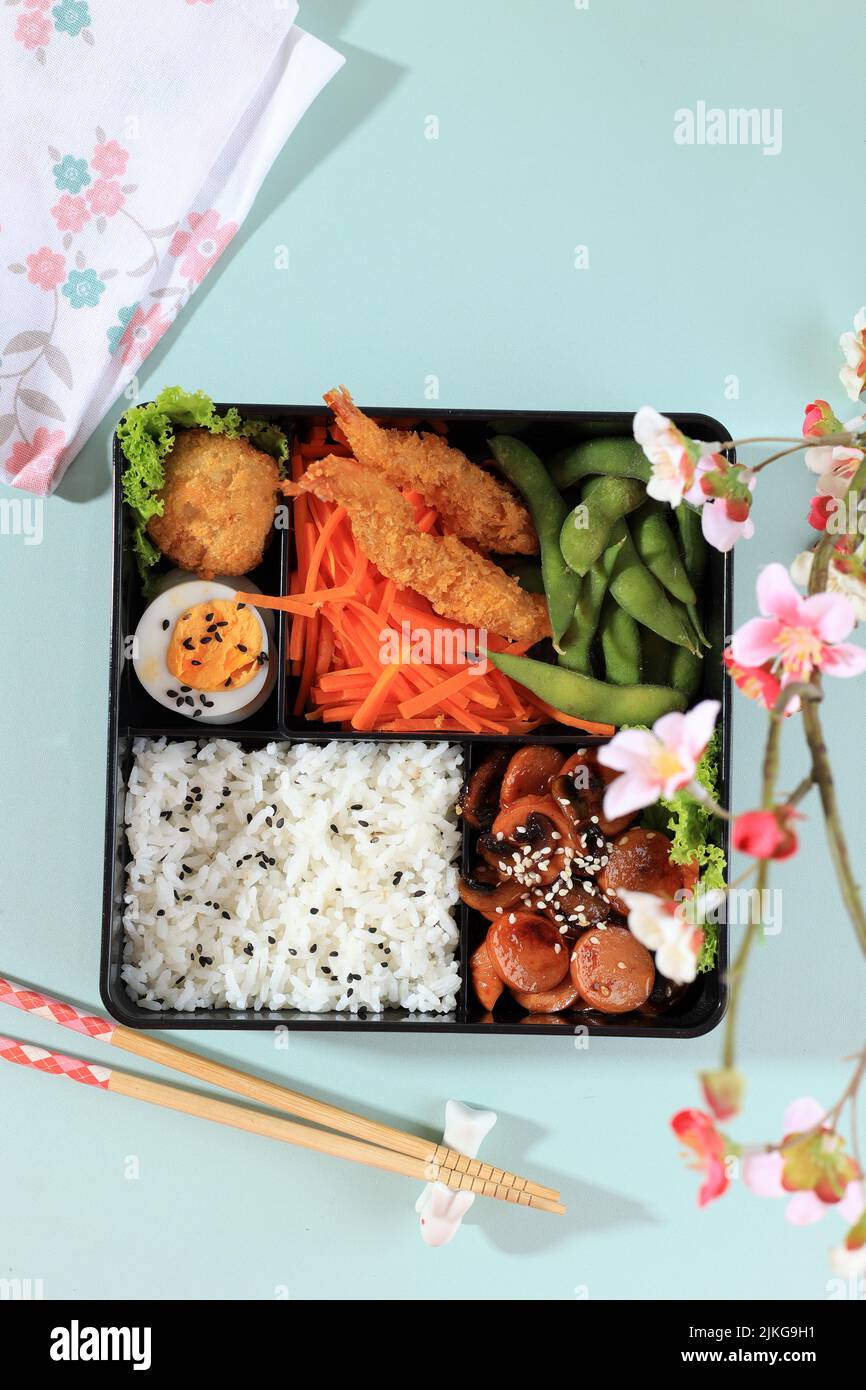 Top View Japanese Bento Lunchbox with Steamed Vegetable, Boiled Egg ...
