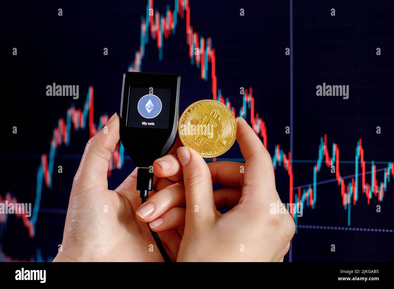 Close up womans hand holding bitcoin and enter the password on ...