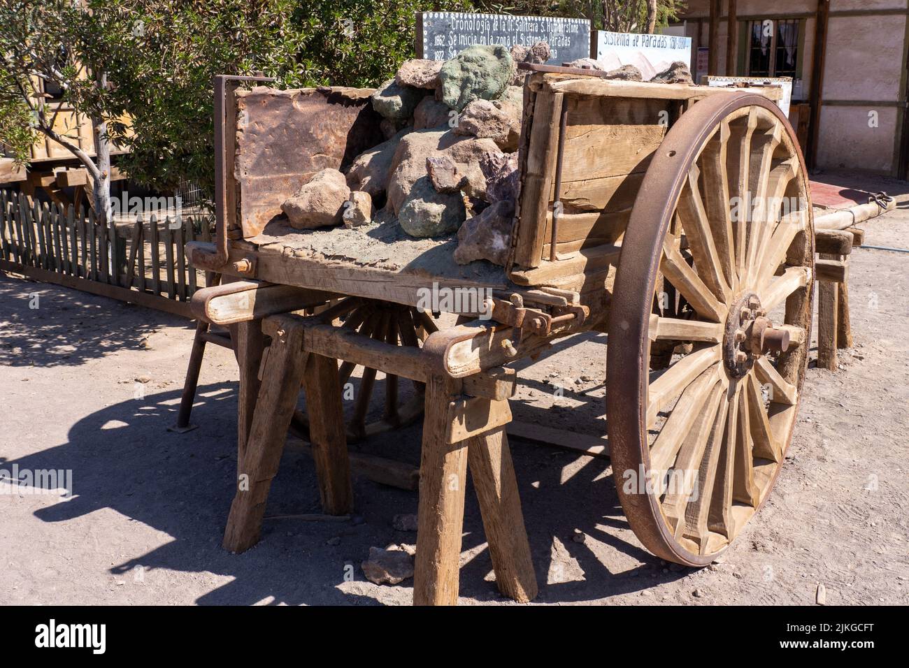 Museum display of a wooden cart used for hauling caliche rock to the ...