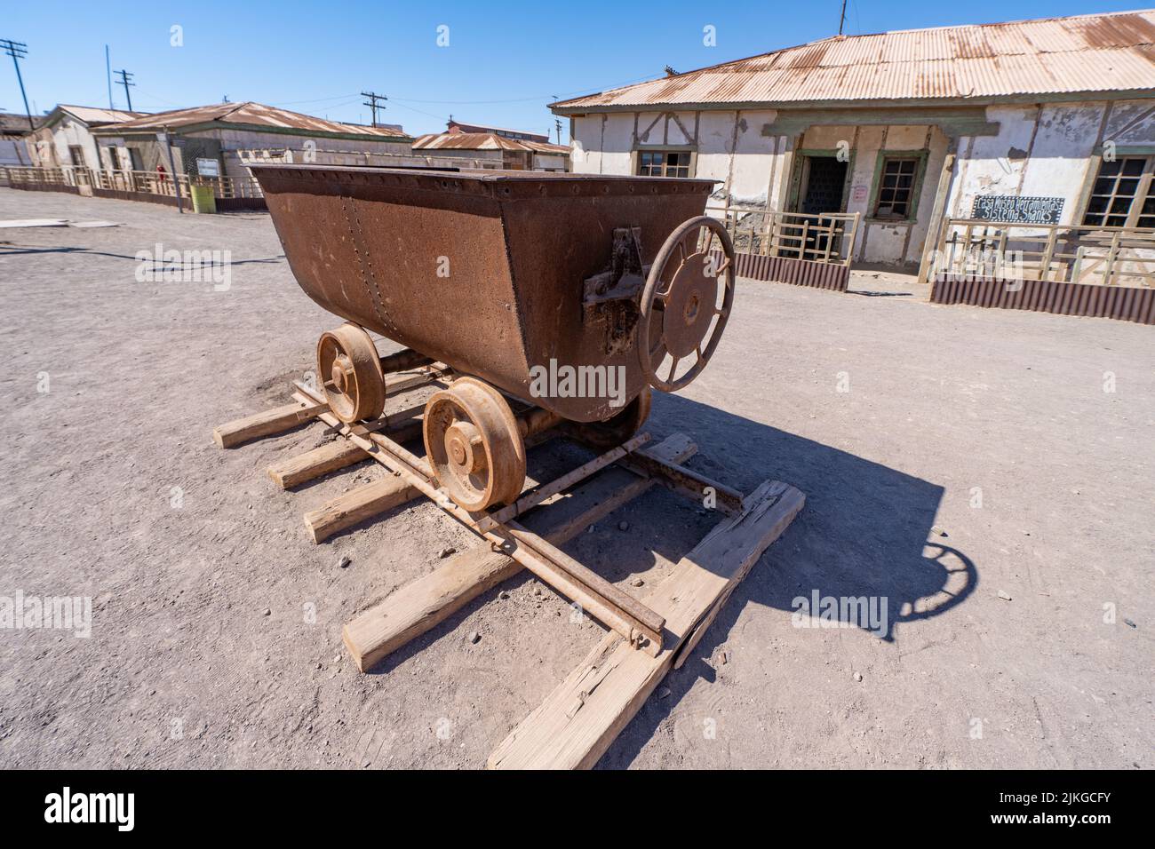 Outdoor museum display of a tipping rail cart used in the saltpeter ...