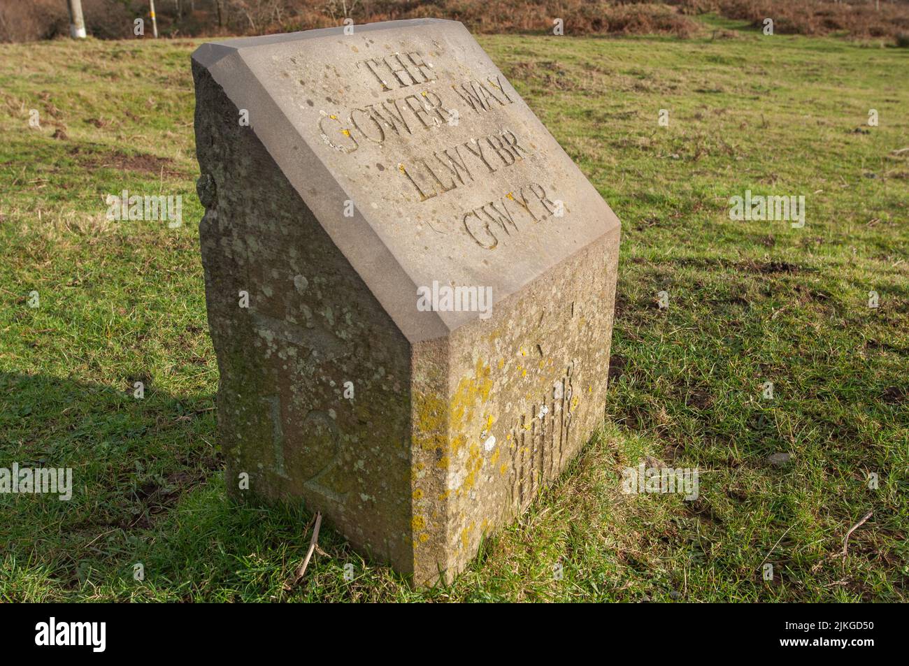 Stone Gower Way route marker at Pennard Pill, Gower, Wales, UK Stock ...