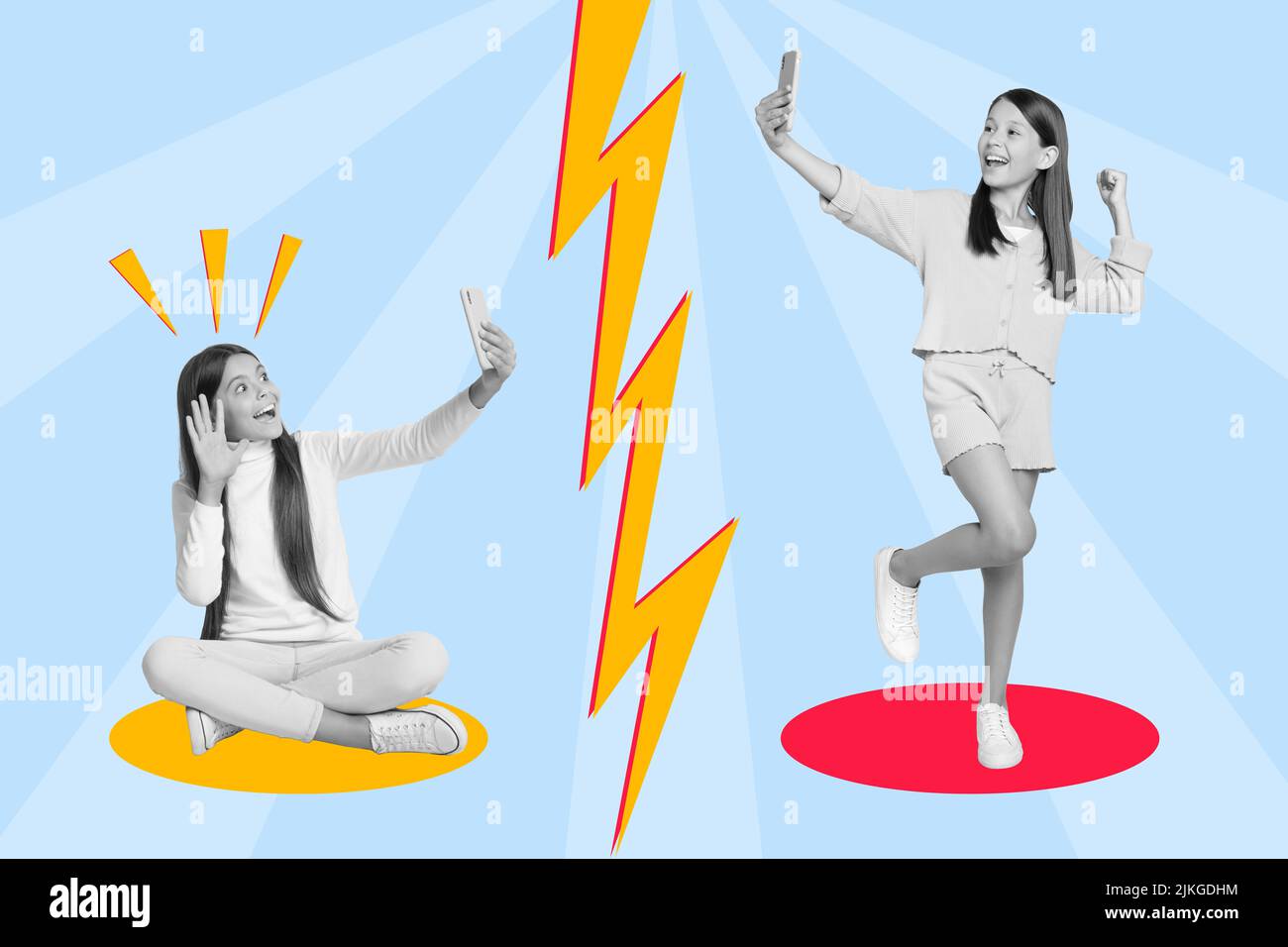 Composite collage image of two kid girls black white gamma use ...