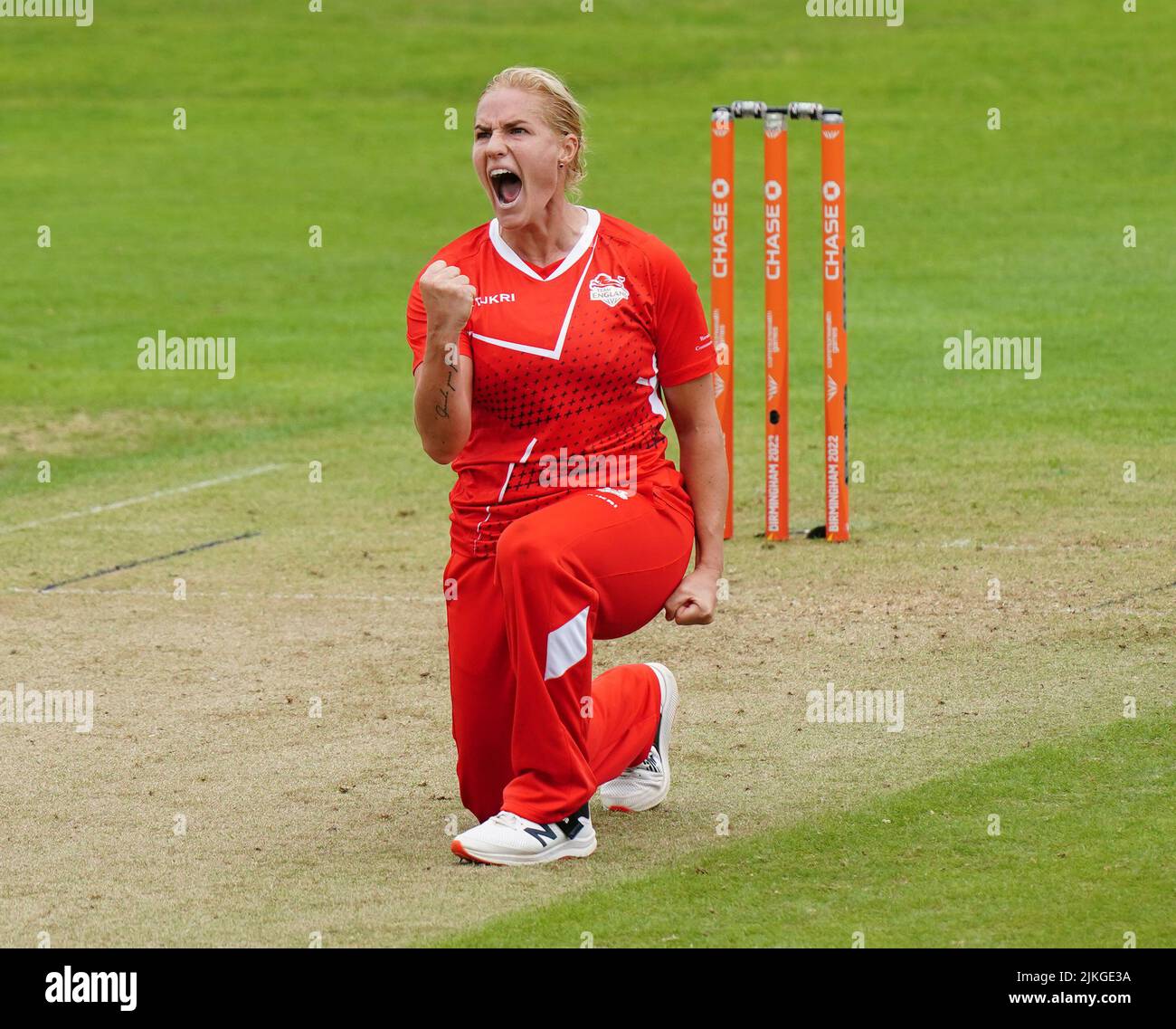 England's Katherine Brunt celebrates taking the wicket of South Africa ...