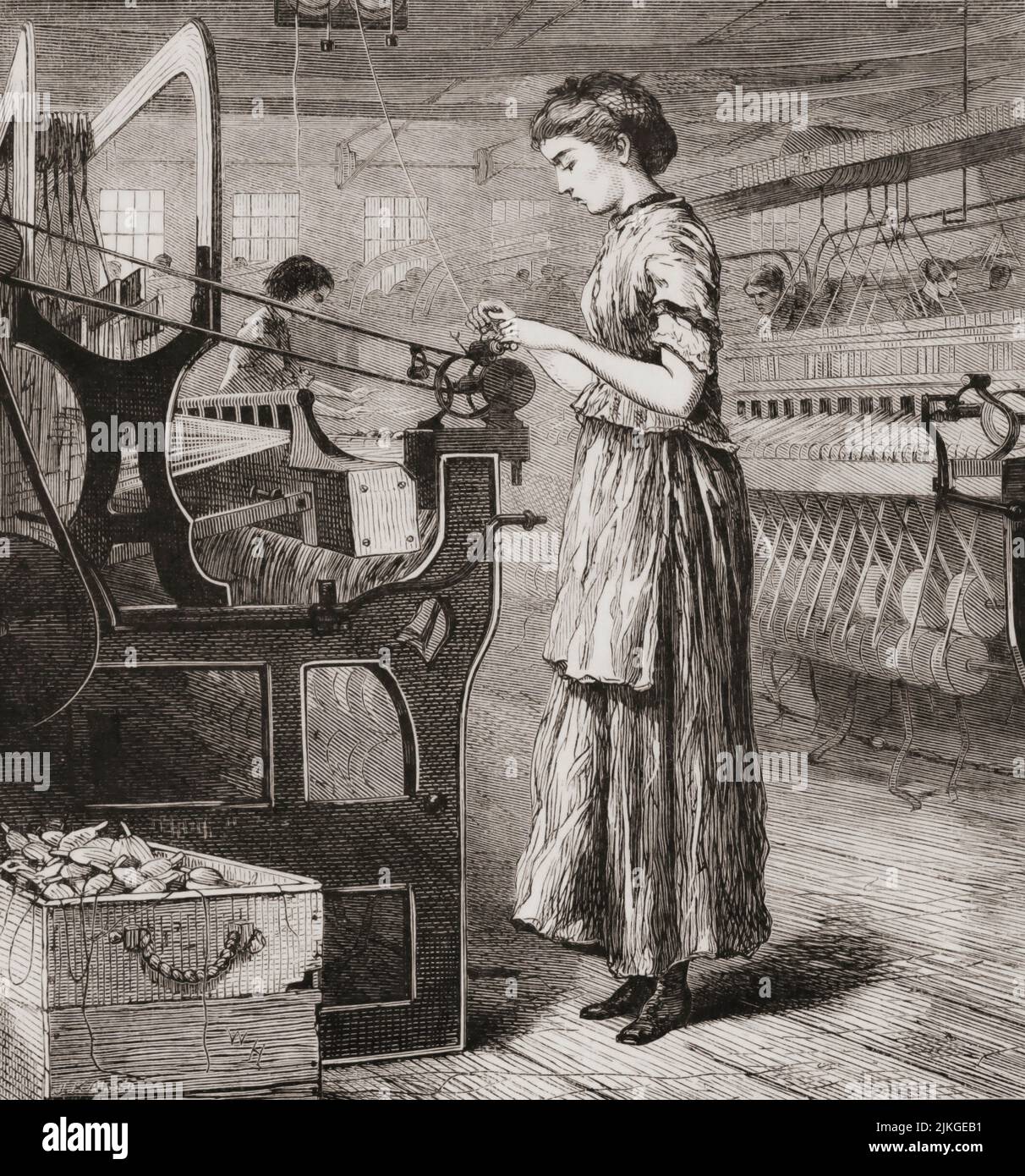 Woman working on a loom in a factory in the 19th century, United States ...