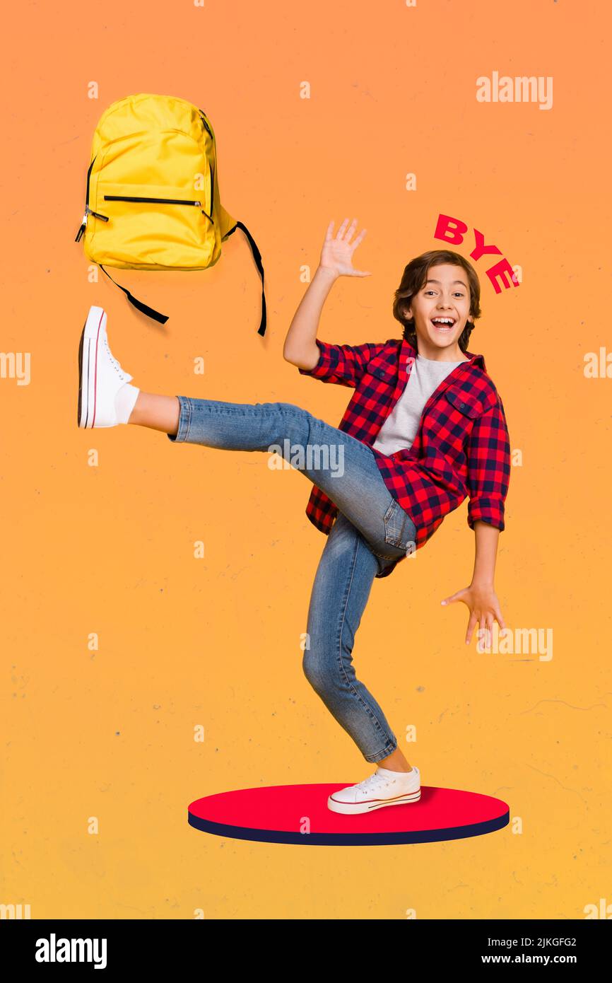 Vertical collage picture of overjoyed positive boy arm palm waving bye ...