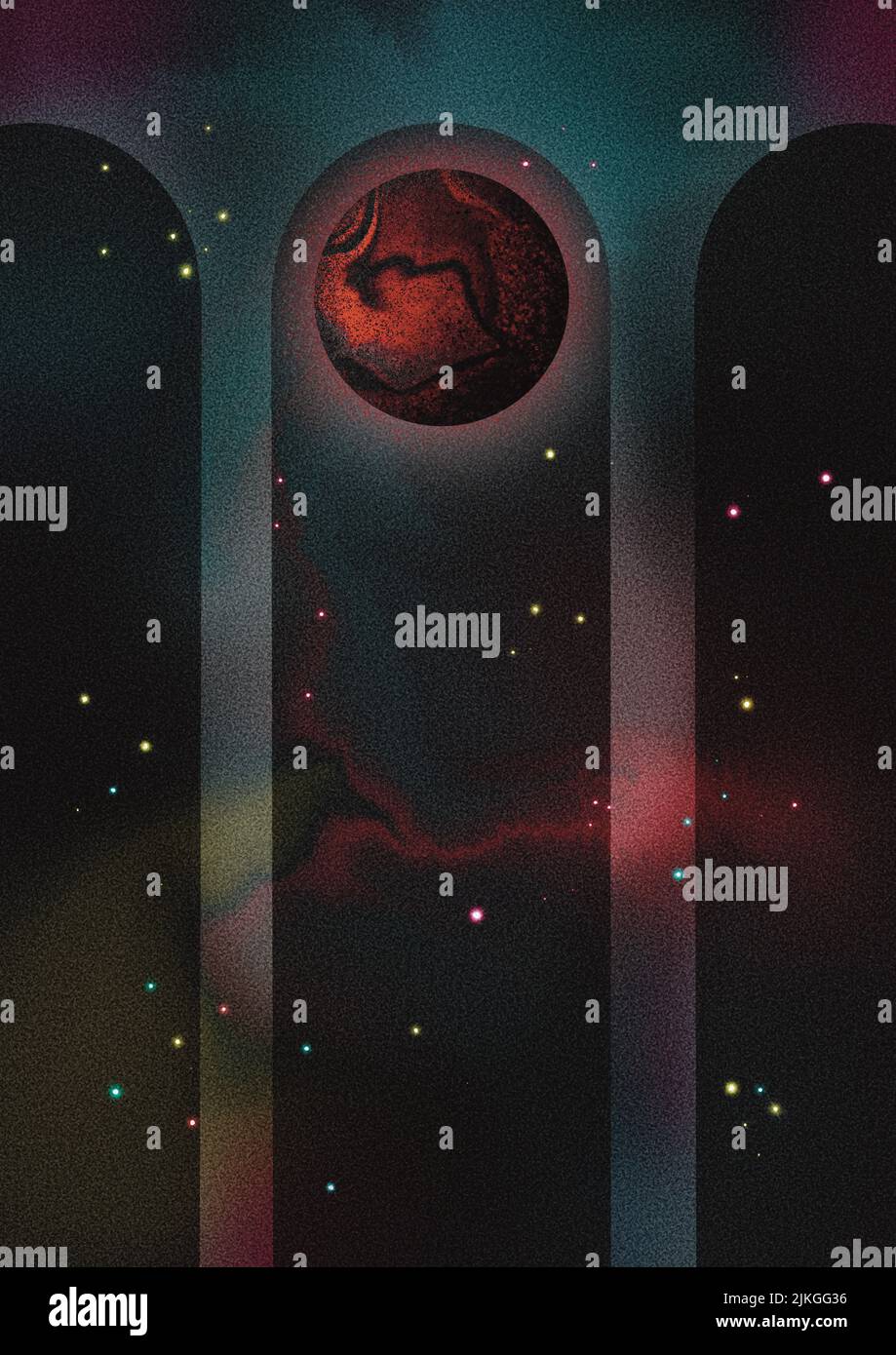 Red mars planet star in night cosmos sky with arch way Retro Future ...