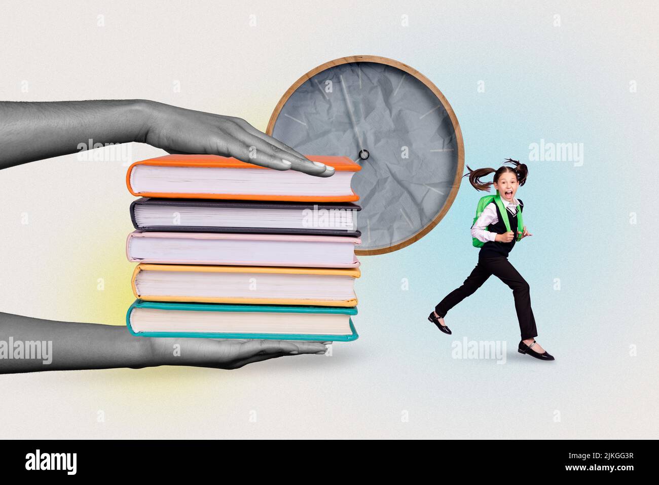 Composite collage portrait of huge hands hold pile stack book watch ...