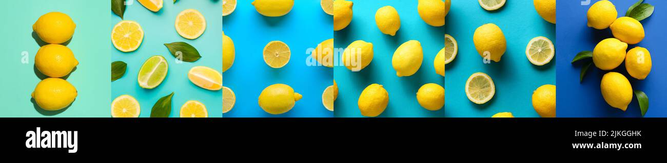 Collage with many lemons on blue background, top view Stock Photo - Alamy