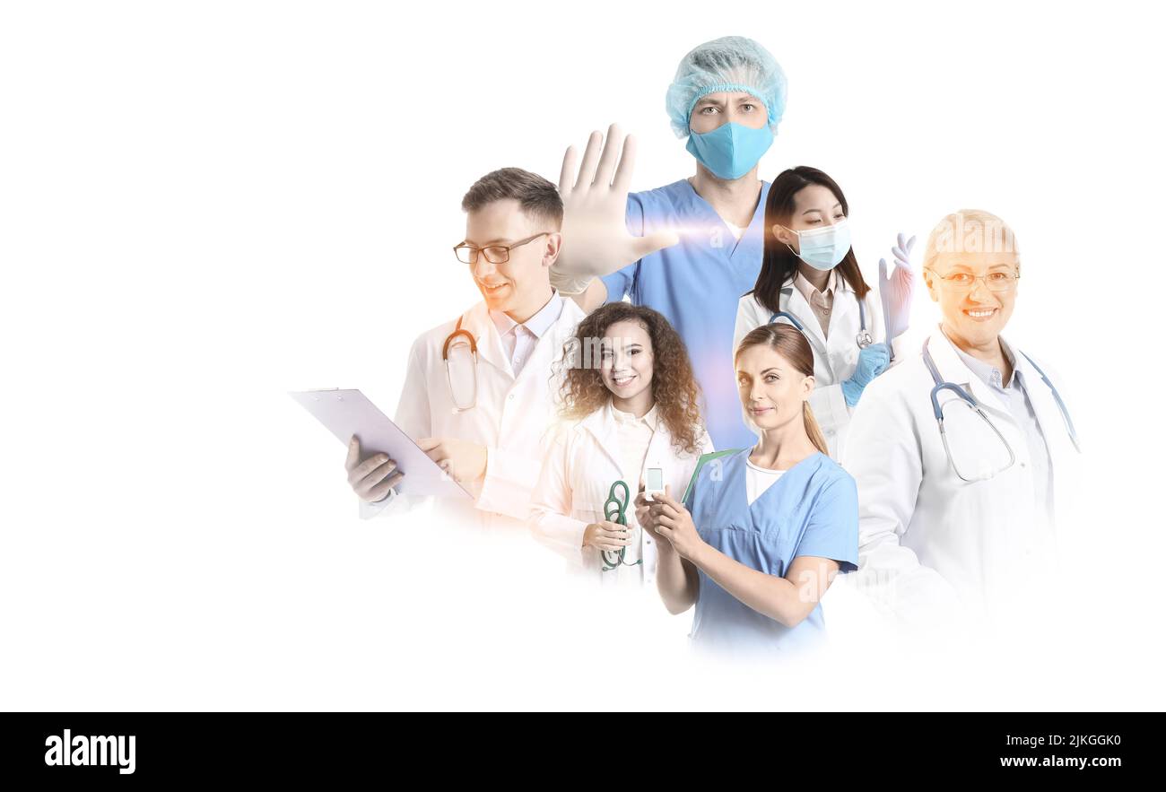 Collage with different doctors on white background Stock Photo - Alamy