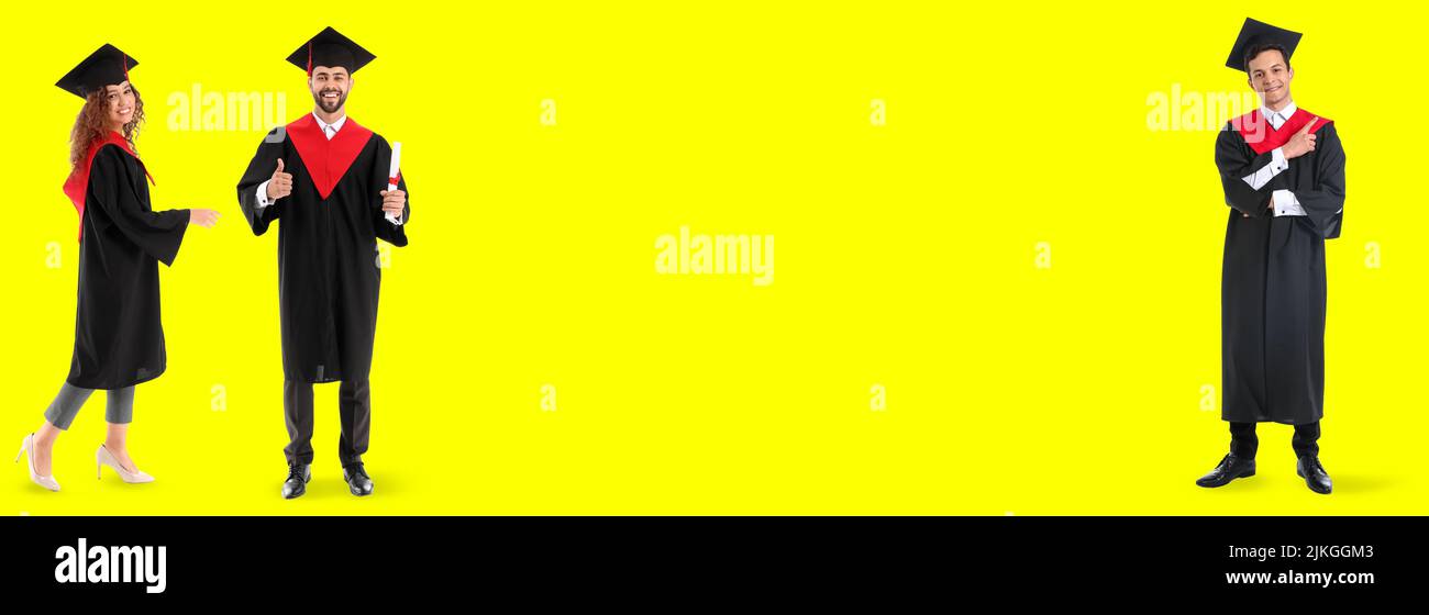 Graduating students on yellow background with space for text Stock ...