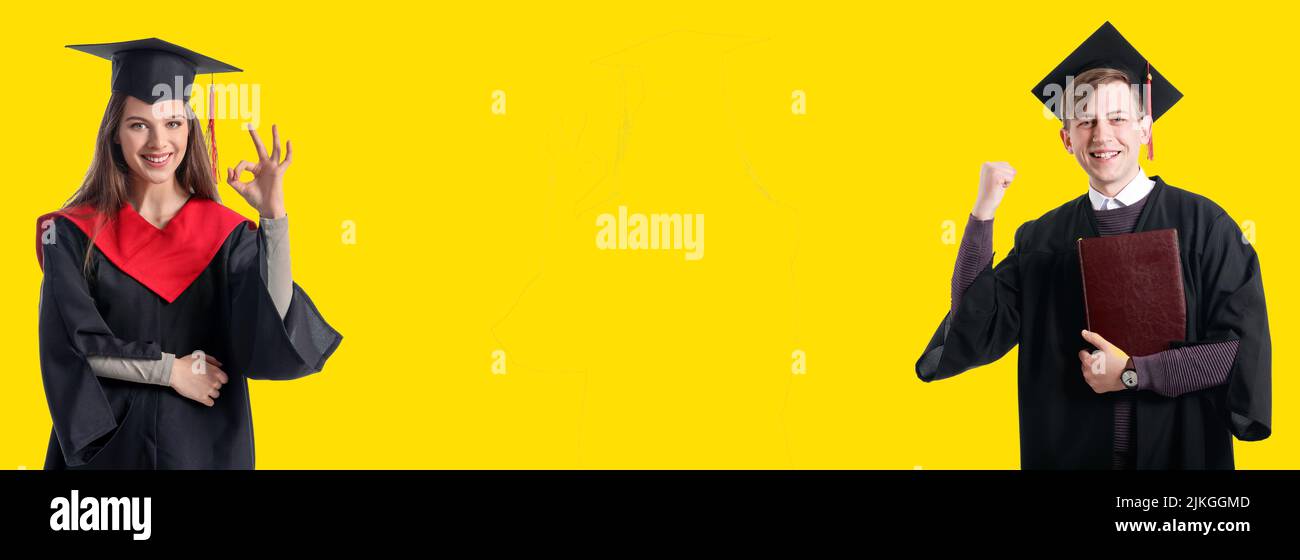 Graduating students on yellow background with space for text Stock ...