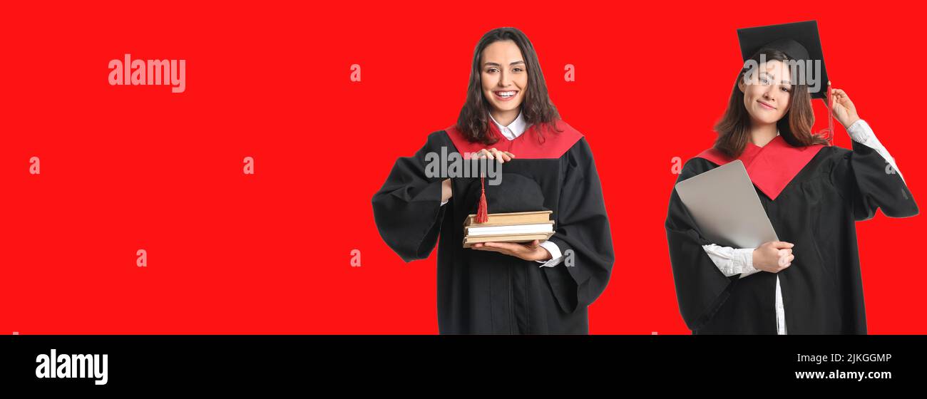 Female graduating students on red background with space for text Stock ...