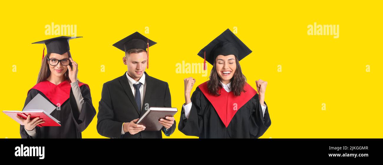 Graduating students on yellow background with space for text Stock ...