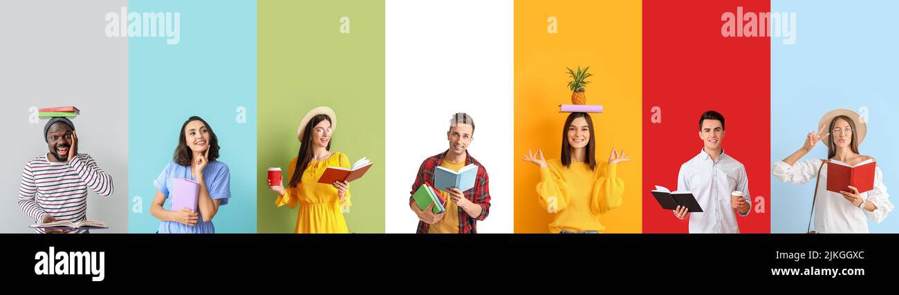 Set of different people with books on color background Stock Photo - Alamy