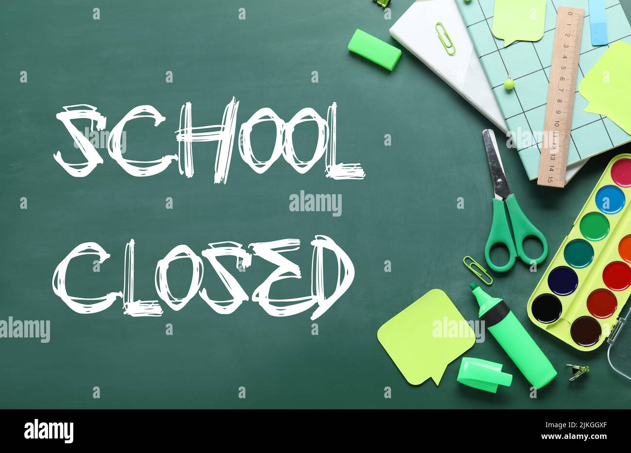 Stationery with written text SCHOOL CLOSED on chalkboard Stock Photo ...