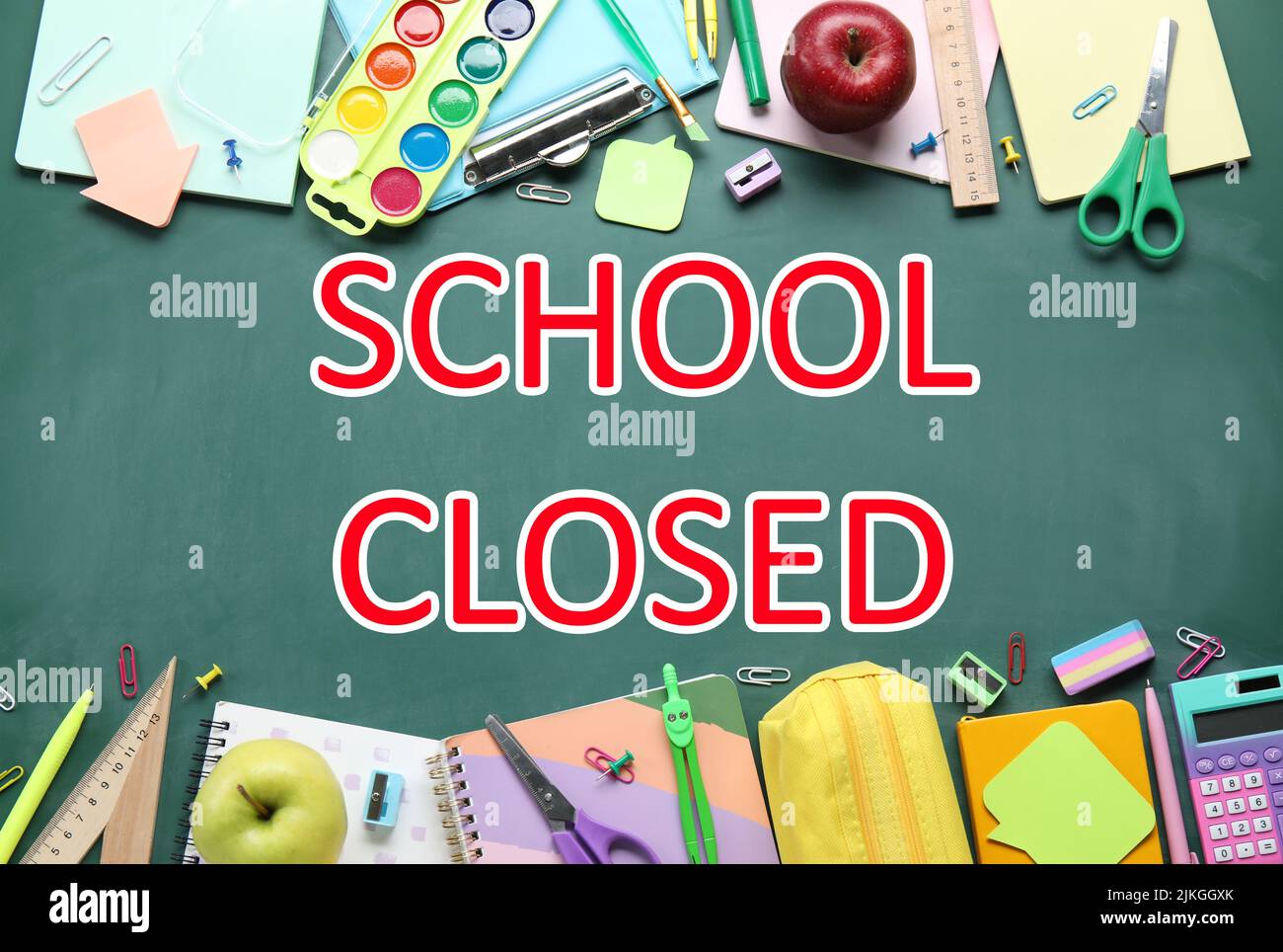 Stationery with text SCHOOL CLOSED on chalkboard Stock Photo - Alamy