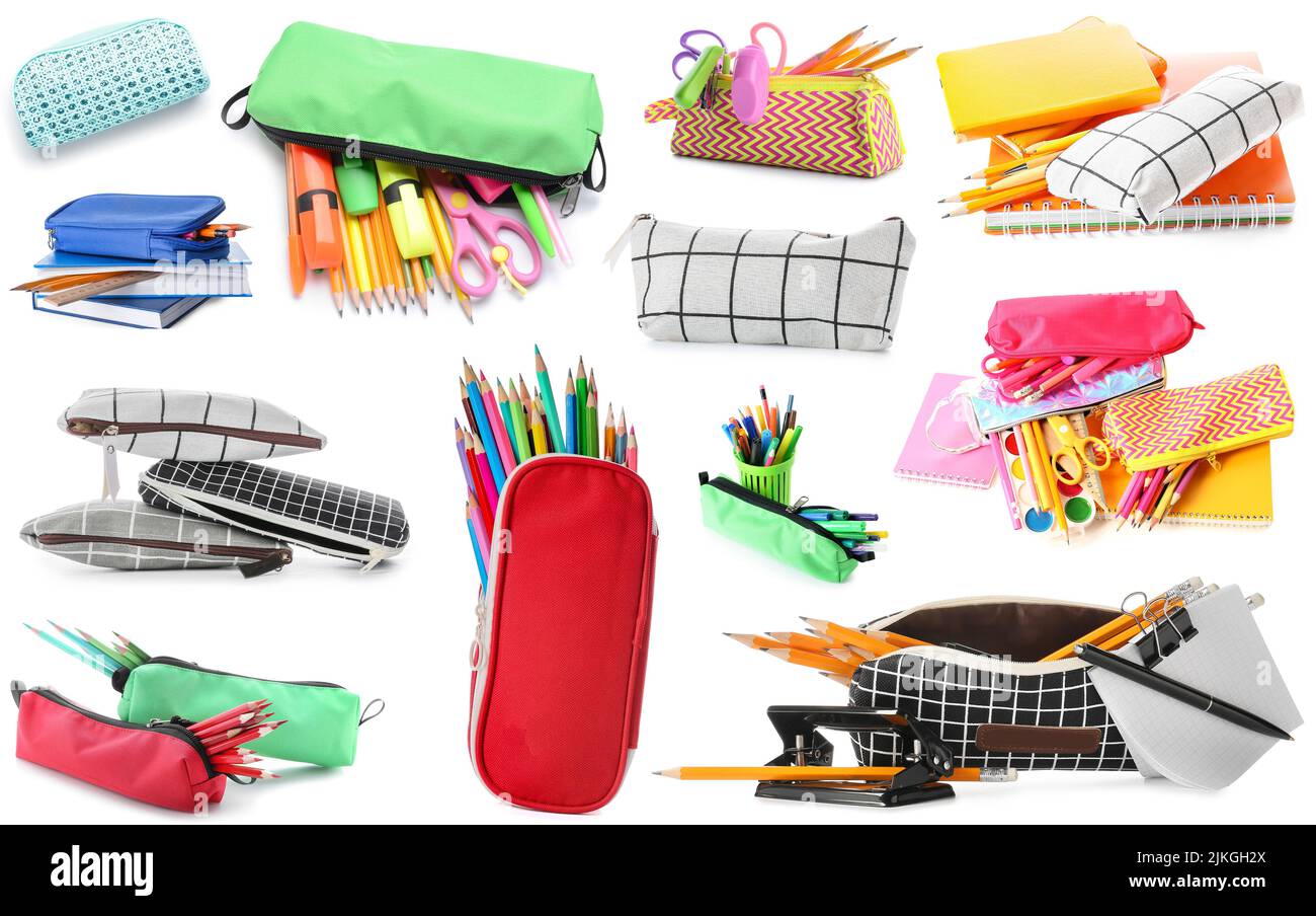 Set of pencil cases with school stationery on white background Stock ...