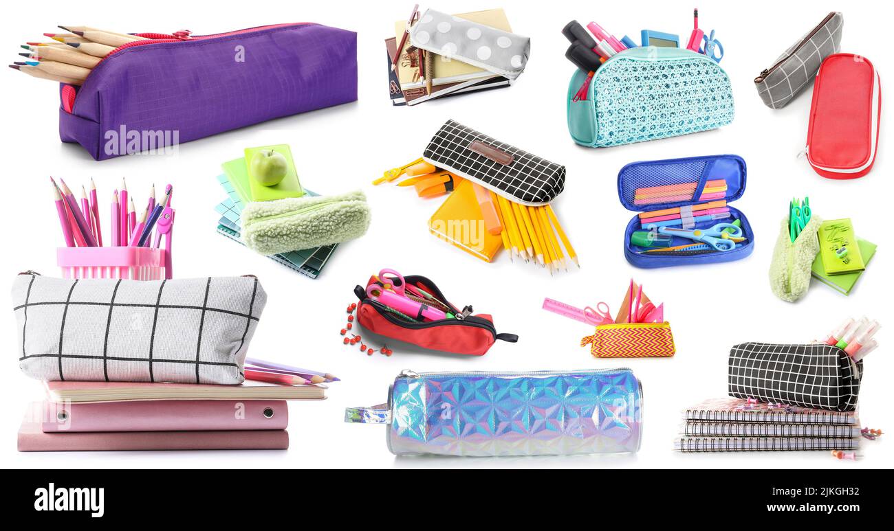Set of pencil cases with school stationery on white background Stock ...