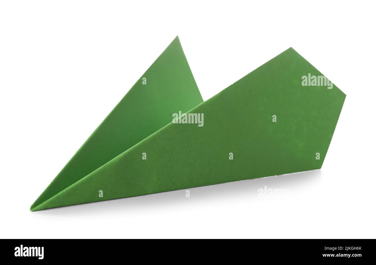 Green paper plane on white background Stock Photo - Alamy