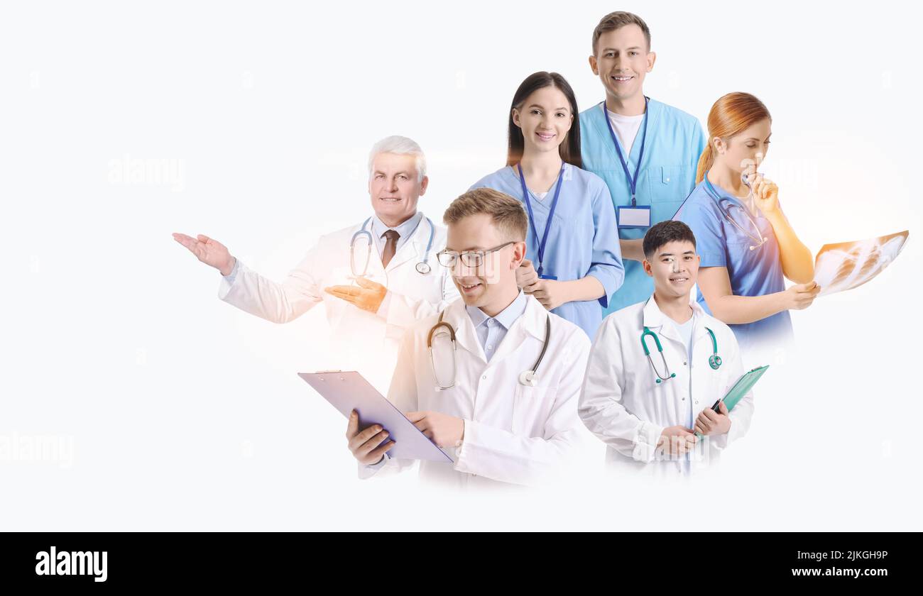 Collage with different doctors on white background Stock Photo - Alamy