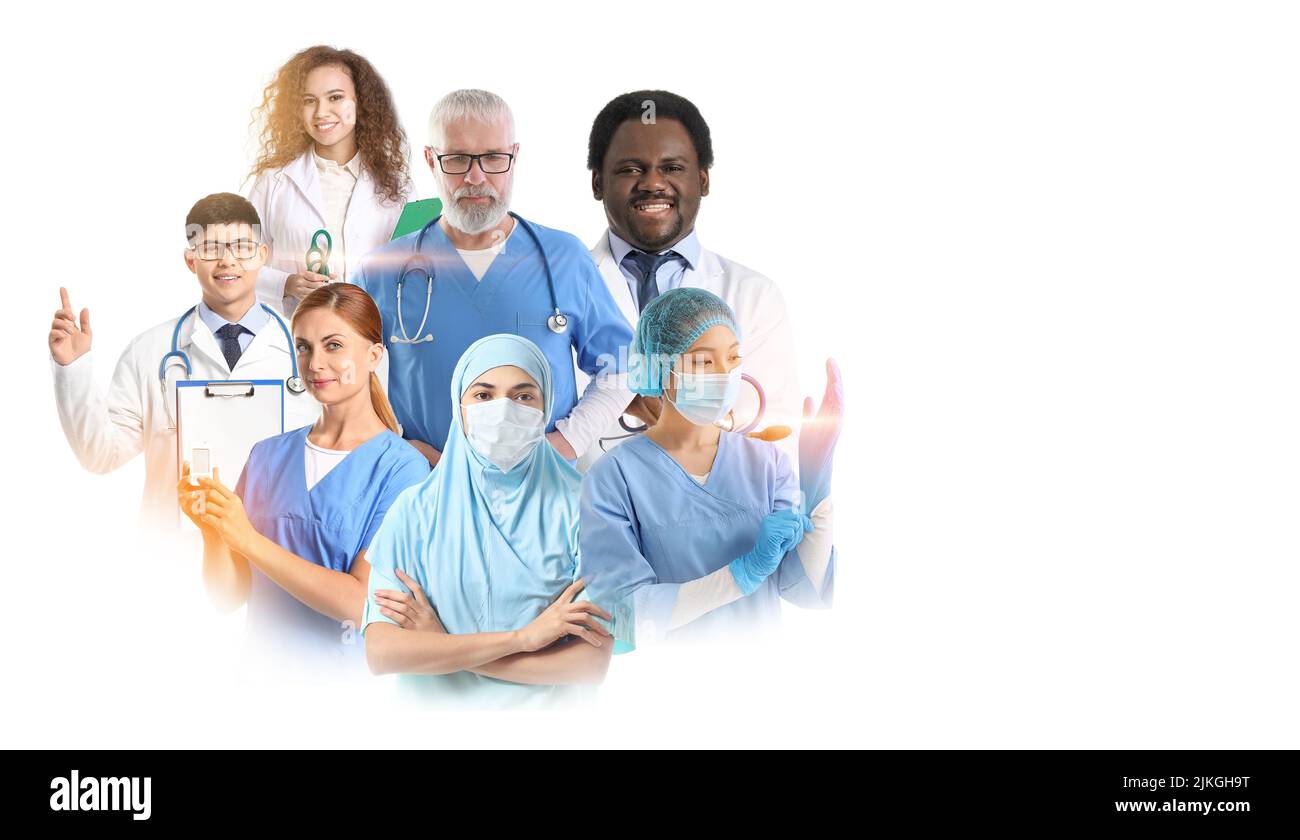 Collage with different doctors on white background Stock Photo - Alamy