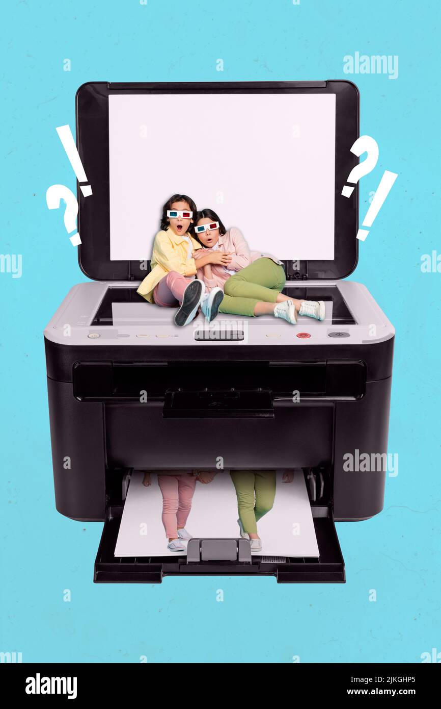 Vertical collage of two excited small girls sitting big printer scanner ...