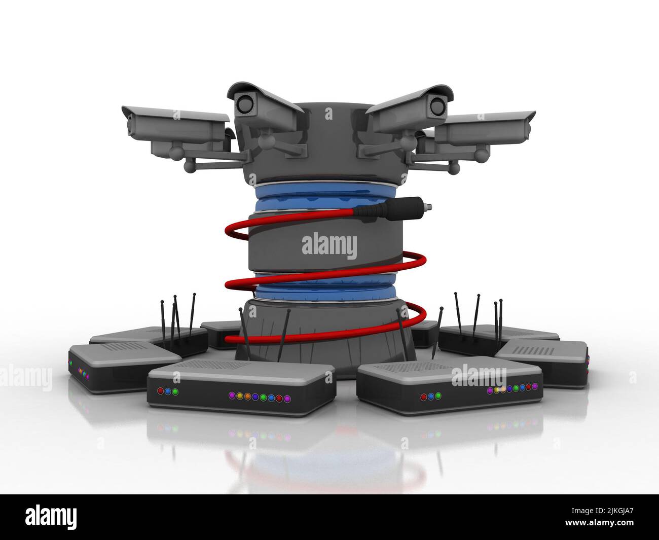 3d rendering aux cable connected database around wifi modem Stock Photo ...