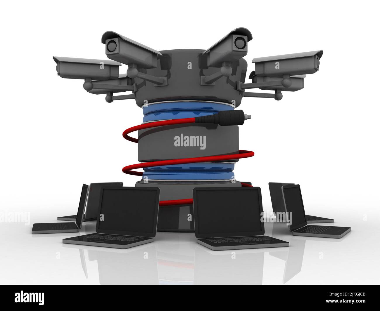 3d rendering aux cable connected database around computer network Stock ...