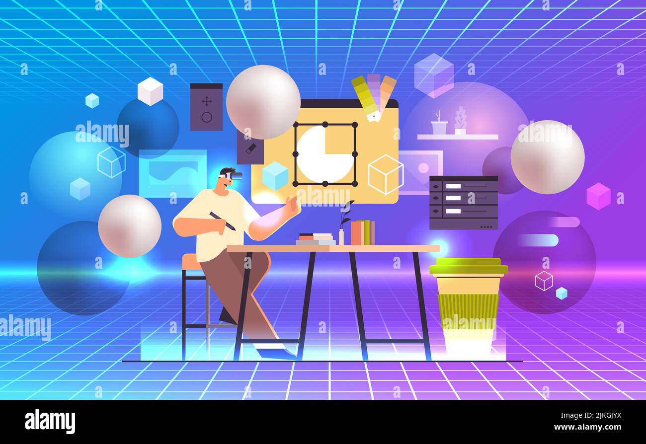 designer in virtual reality glasses drawing with pen in graphic editor ...