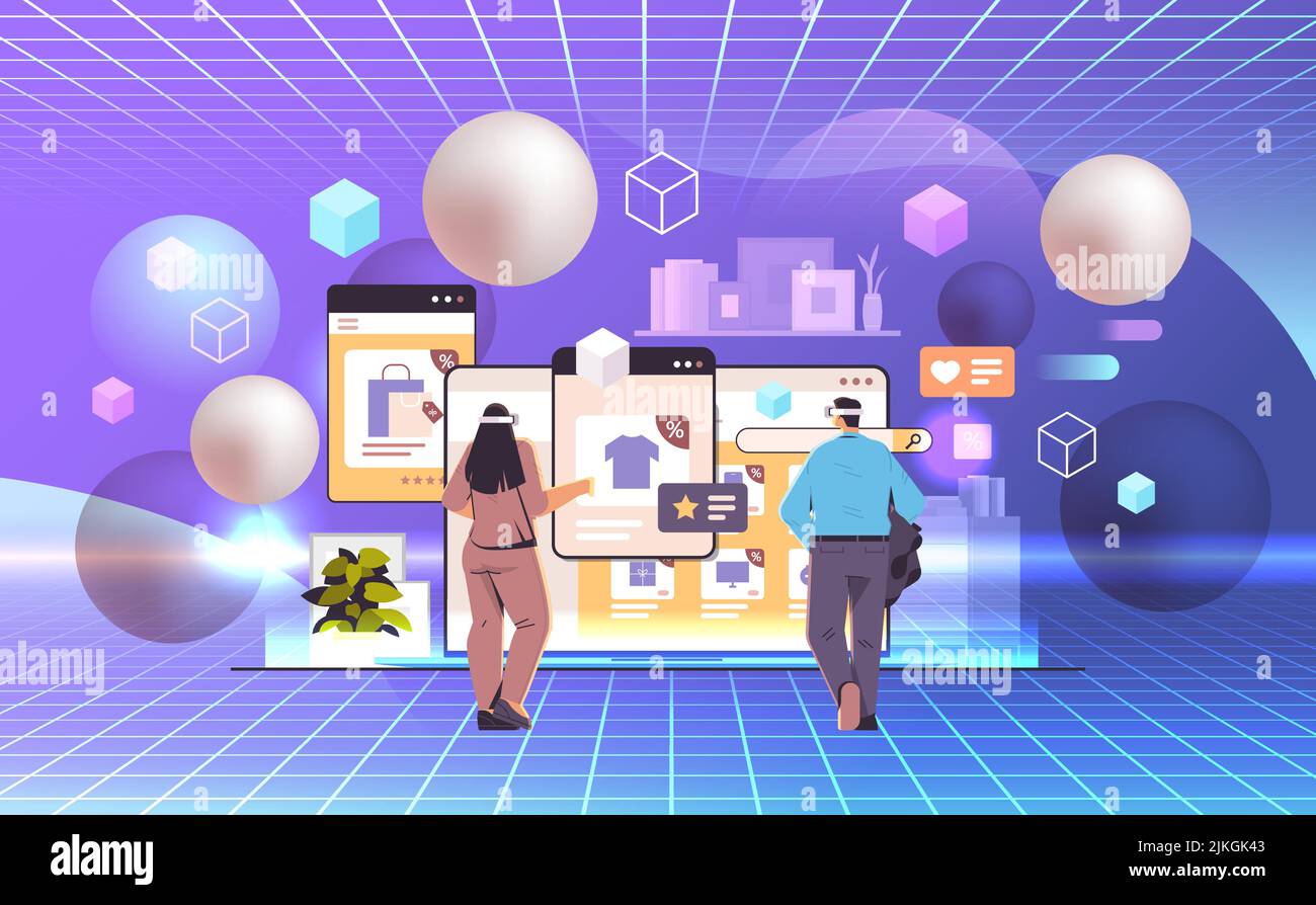 couple in virtual reality digital glasses choosing items on screen ...