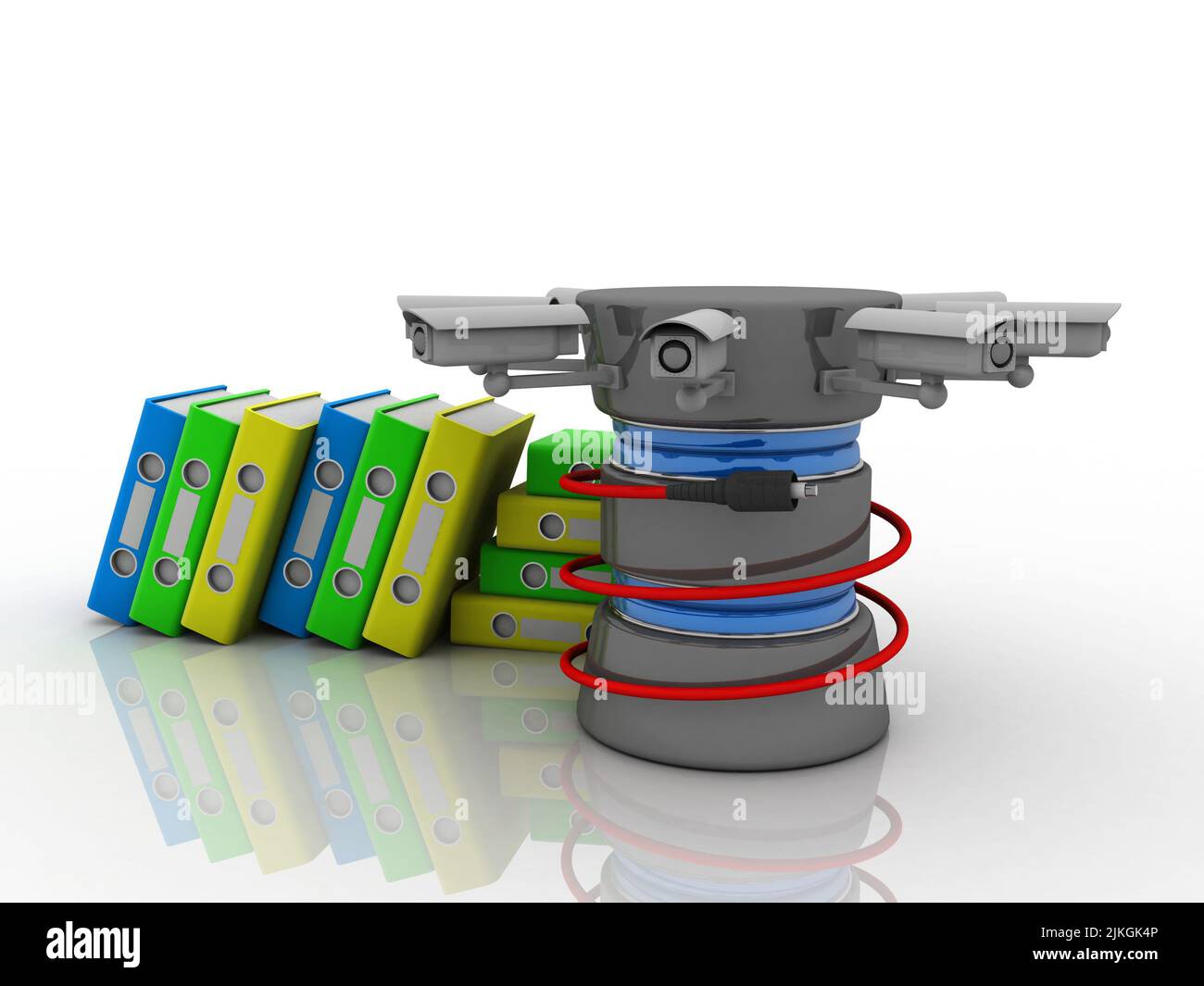 3d illustration Office folders with database connected cctv camera ...