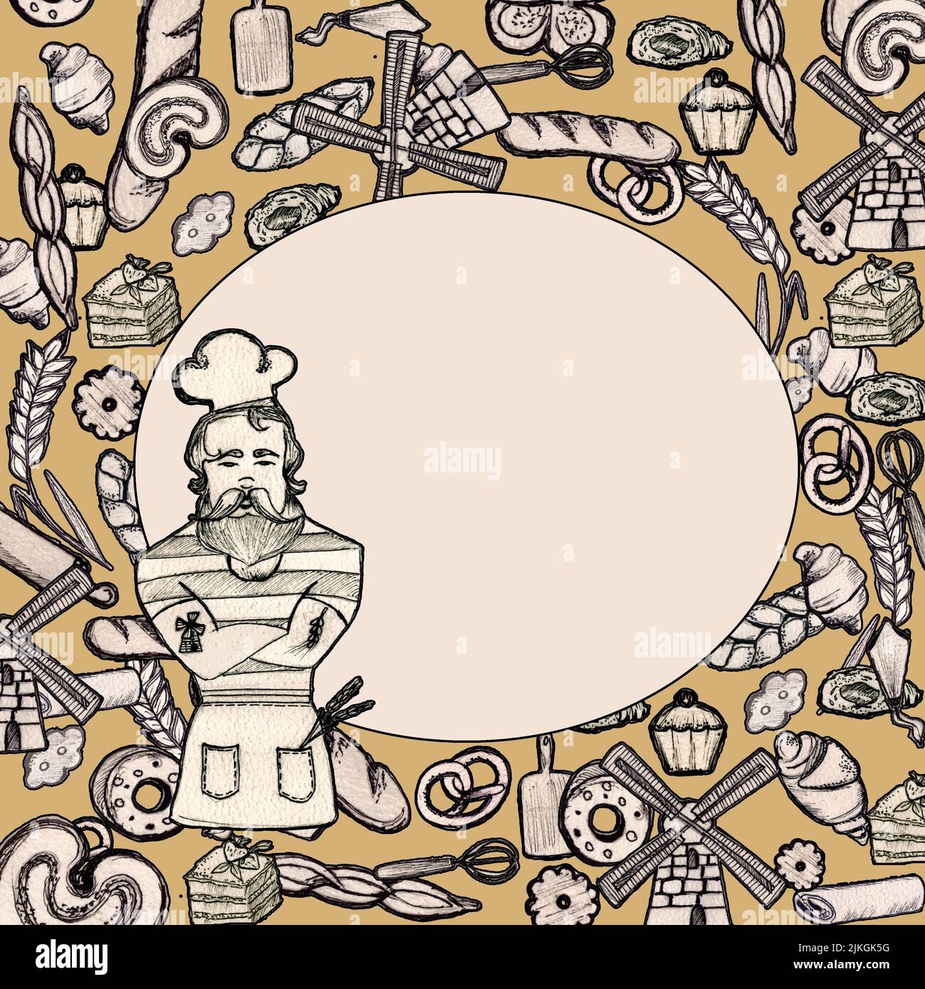 Vintage Bakery hand drawn doodle frame background with cook figurine ...