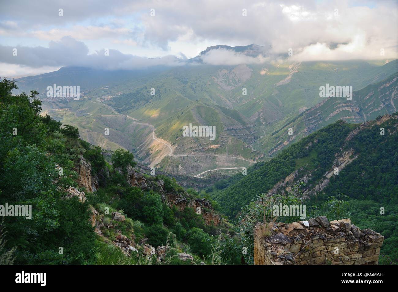 View from ancient village Gamsutl on landscape of Caucasus mountains ...