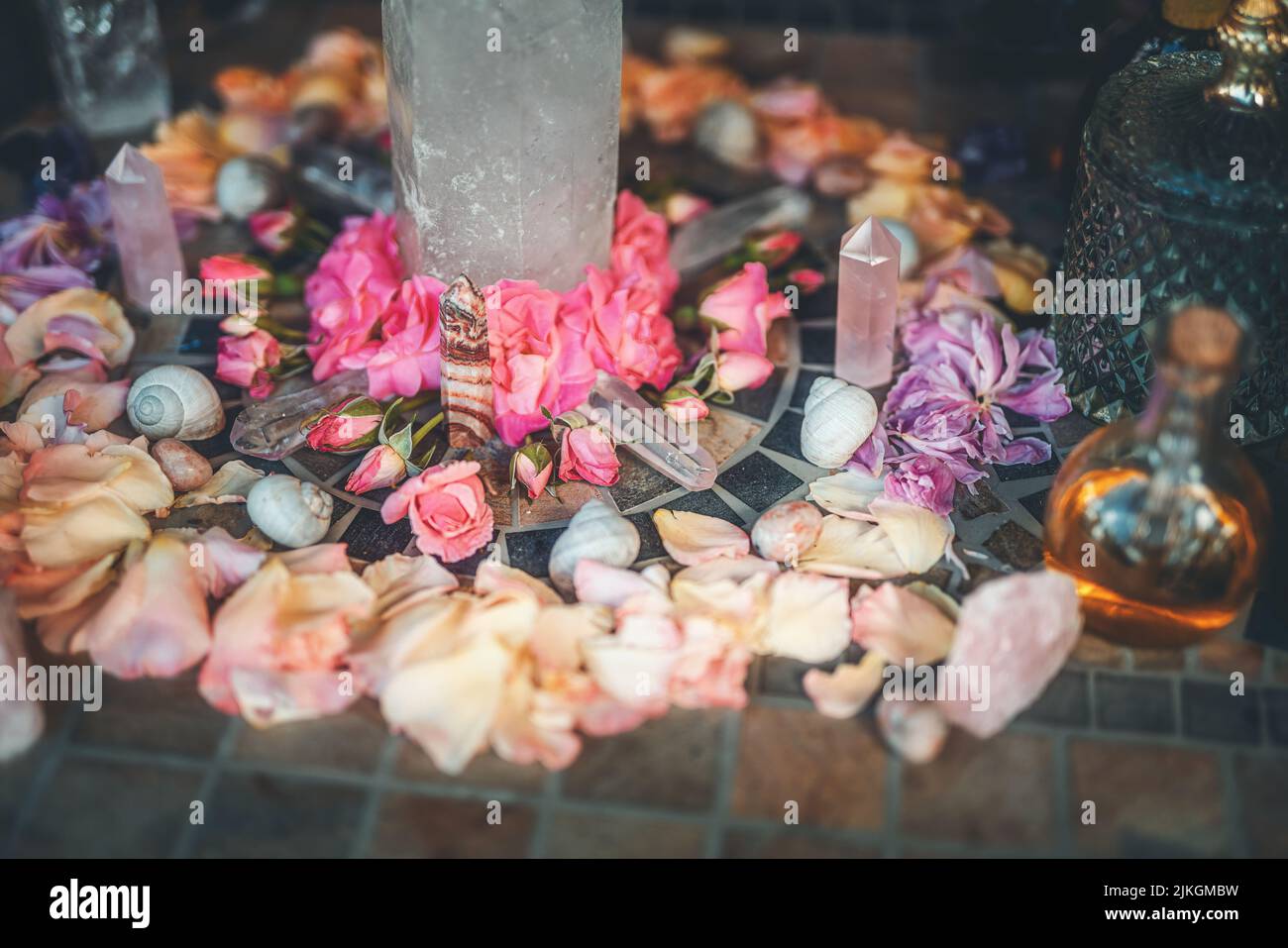 beautiful altar with crystals and rose flowers Stock Photo - Alamy