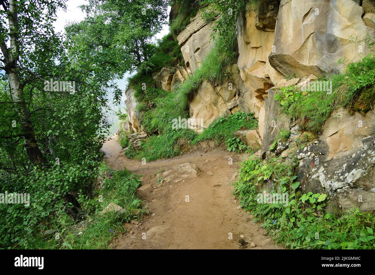 Trekking path to ancient village Gamsutl on rock. Amazing settlement of ...