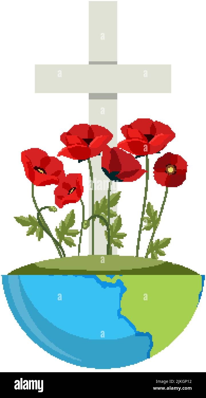 Poppy flowers on cross gravestone for remembrance day icon illustration ...
