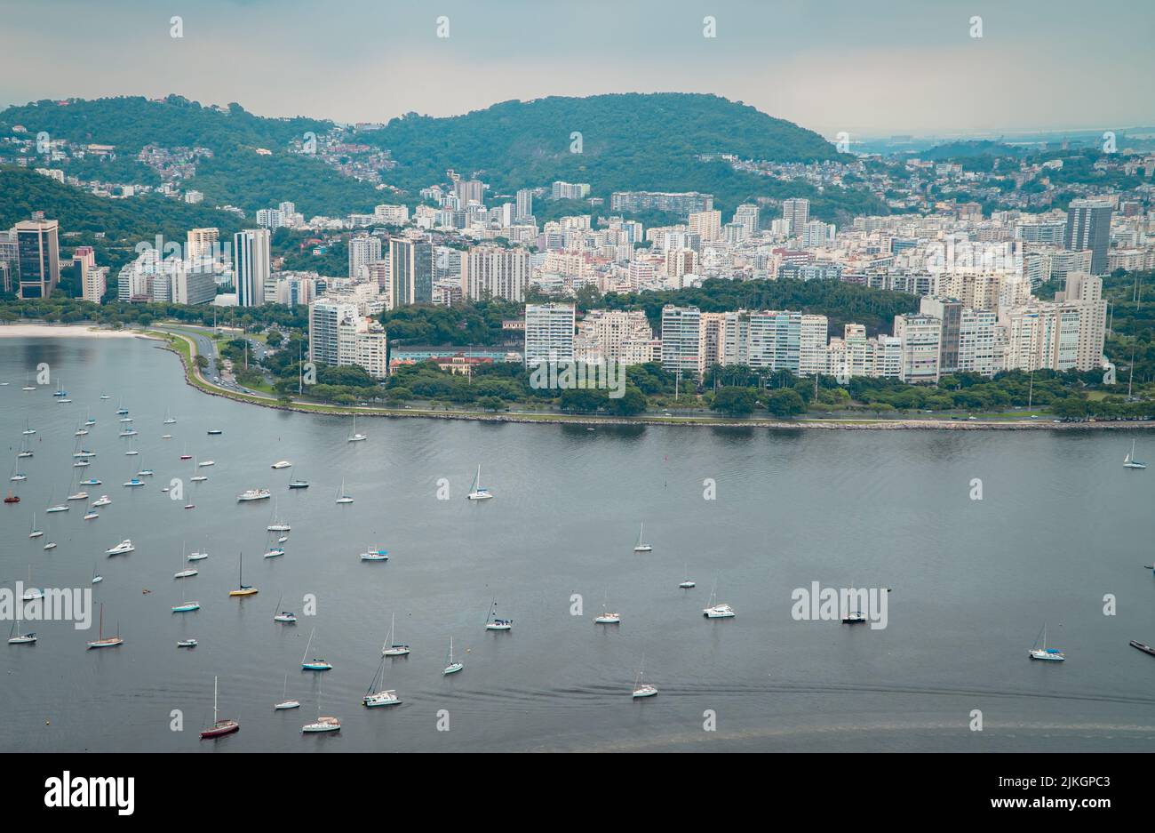 An aerial view of central Rio with boats from the Sugarloaf Mountain ...