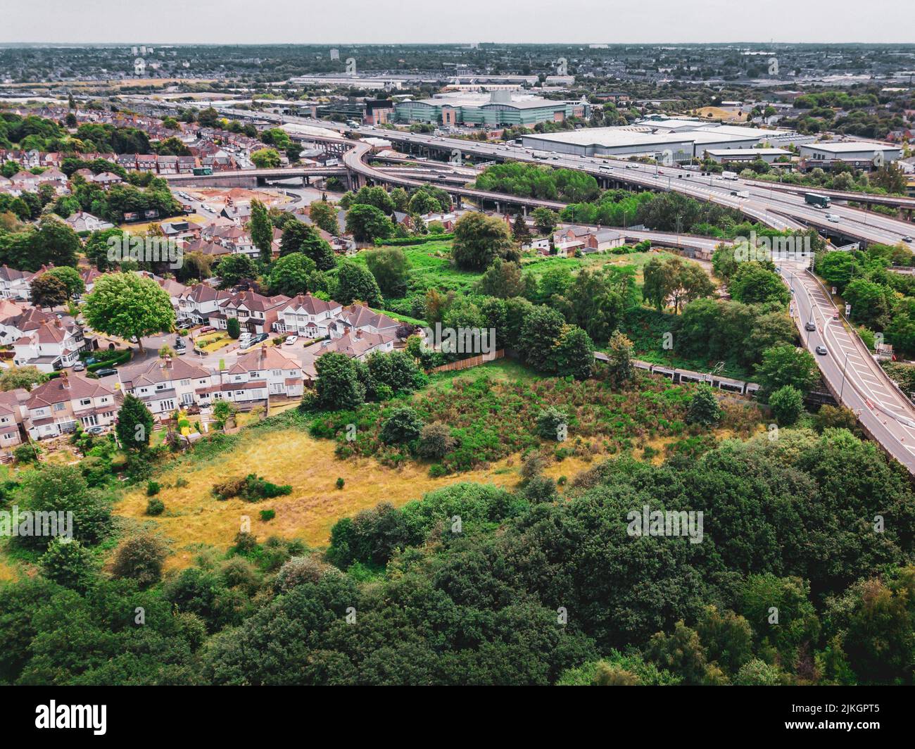 An aerial view of a complex motorway road junction with traffic Stock ...