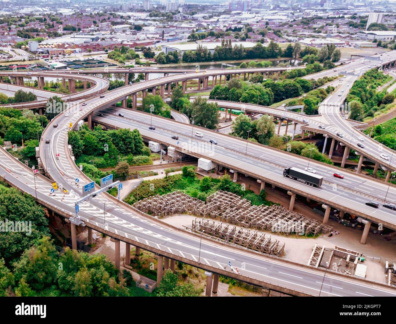 An aerial view of a complex motorway road junction with traffic Stock ...