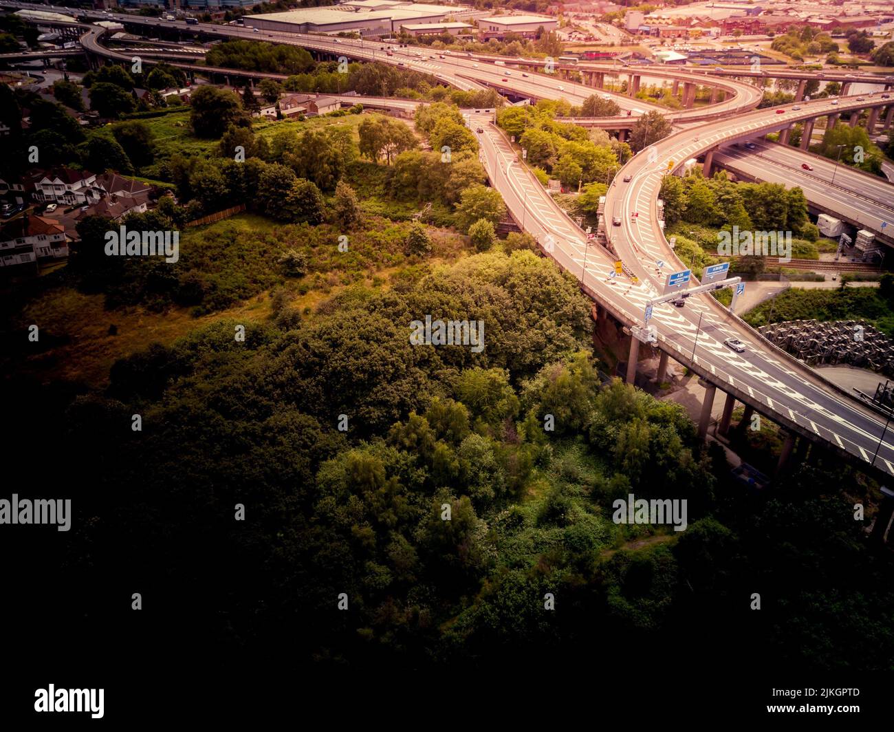 An aerial view of a complex motorway road junction with traffic Stock ...